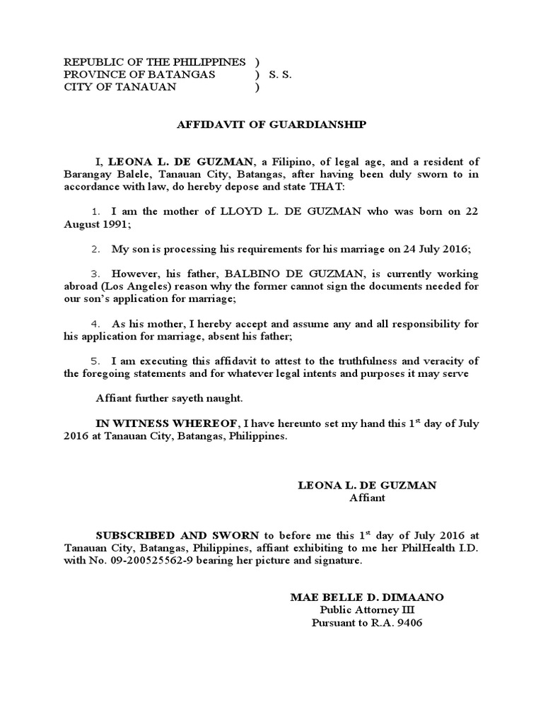 Affidavit of Guardianship - Marriage | PDF