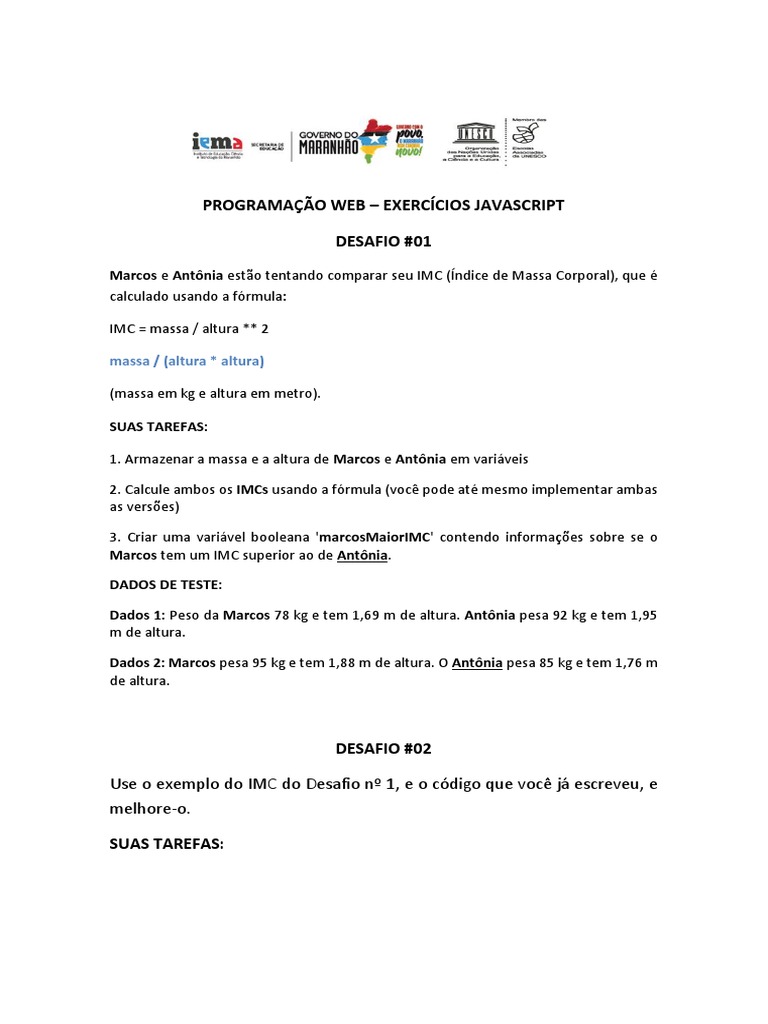 Programação Web - Desafio Javascript | PDF | Índice de massa corporal ...