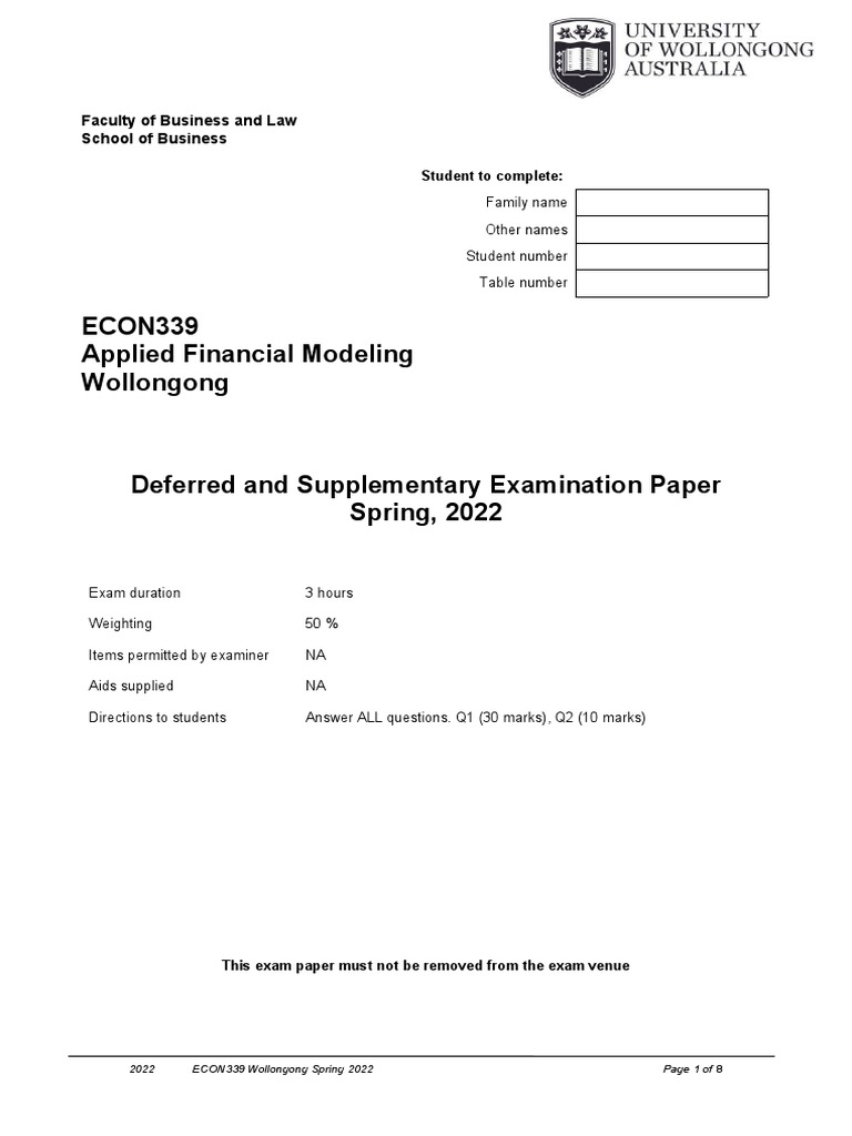 Deferred and Supplementary Final Exam ECON339 2022 | PDF | Applied ...