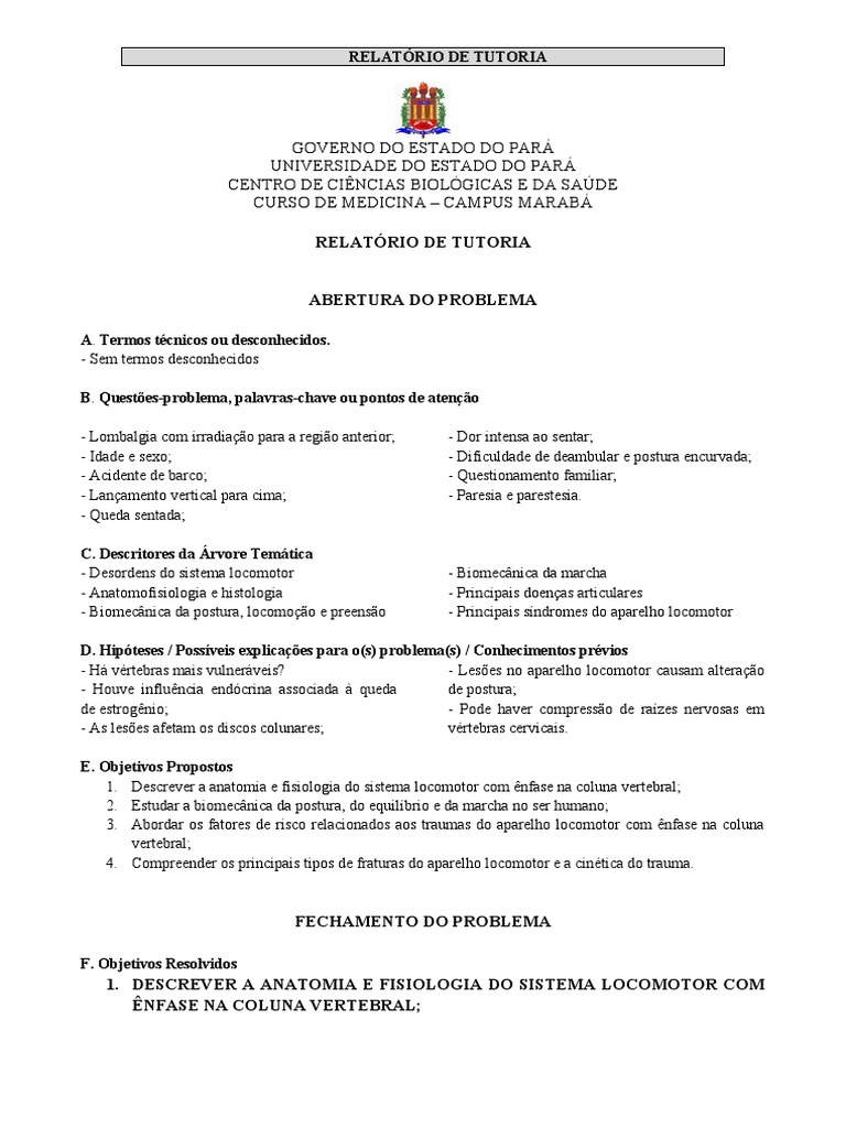 Relatório - ASE 22 - Problema 01 - Tutoria A | PDF | Músculo esquelético | Esqueleto