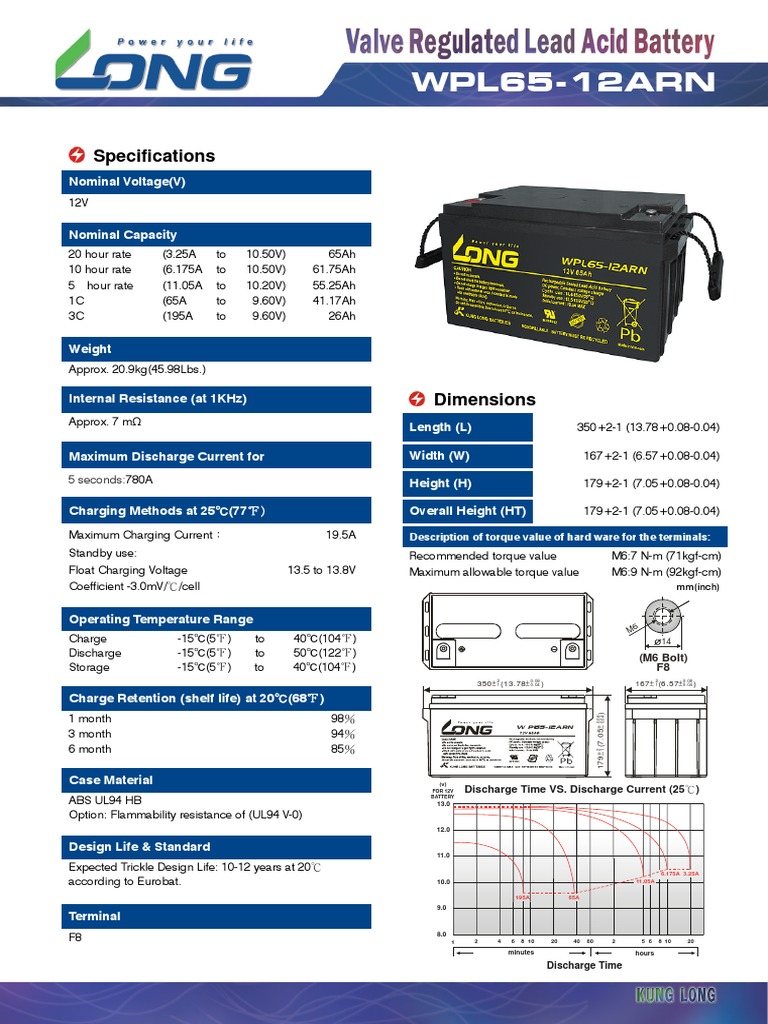 12V 65Ah Lead Acid Battery Specs | PDF | Energy Storage | Manufactured ...