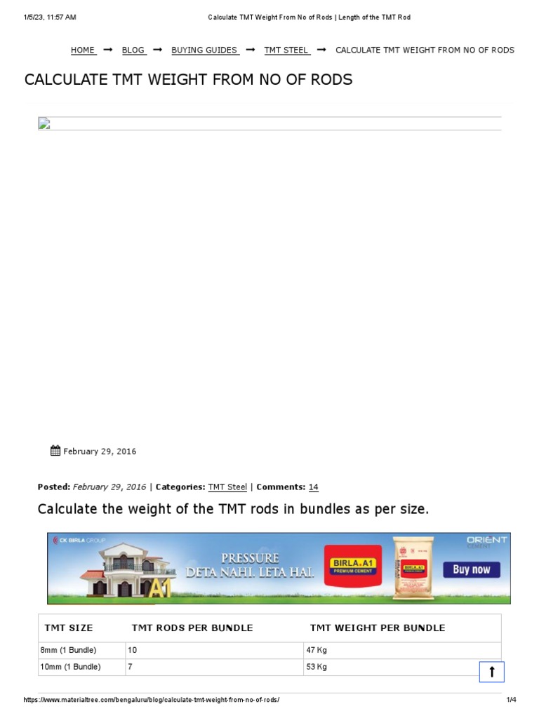 Calculate TMT Weight From No of Rods - Length of The TMT Rod | PDF ...