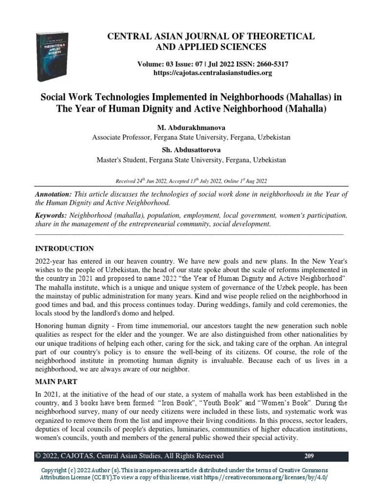 Social Work Technologies Implemented in Neighborhoods (Mahallas) in The ...