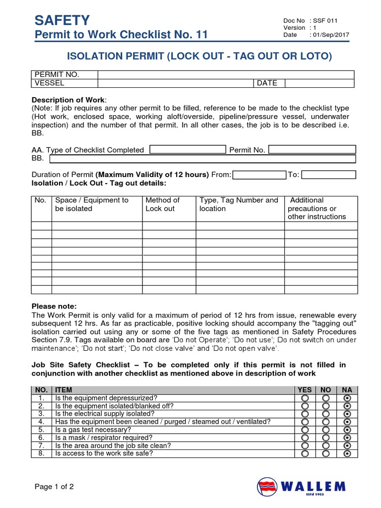 Isolation Permit Checklist | PDF | Occupational Safety And Health ...