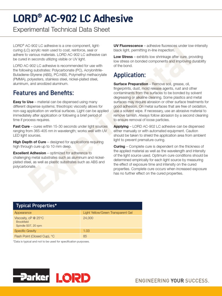 LORD AC-902 LC Experimental TDS | PDF | Poly(Methyl Methacrylate) | Adhesive