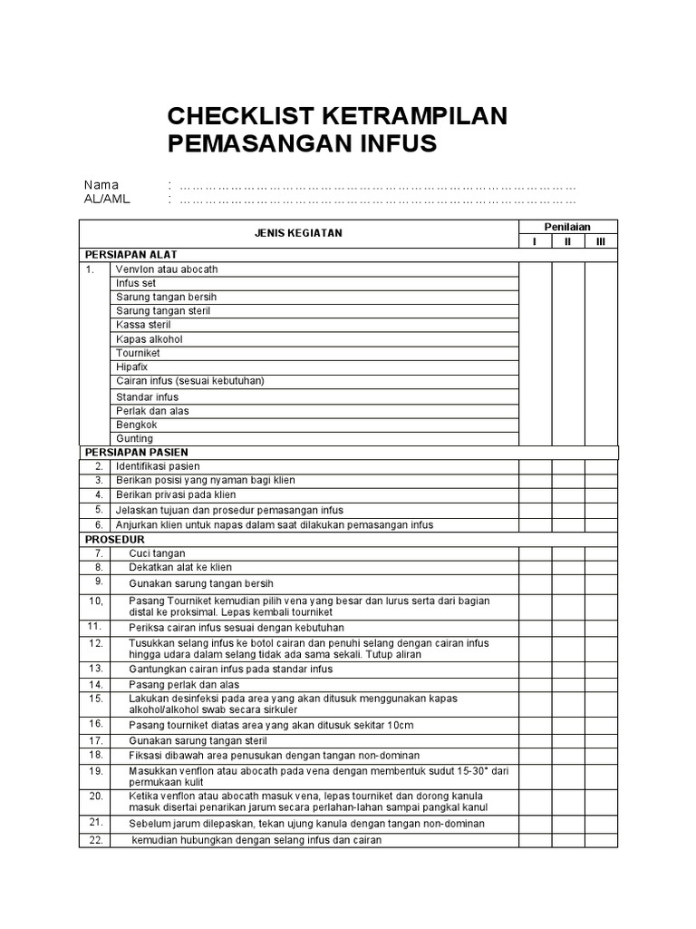 Checklist Pemasangan Infus | PDF