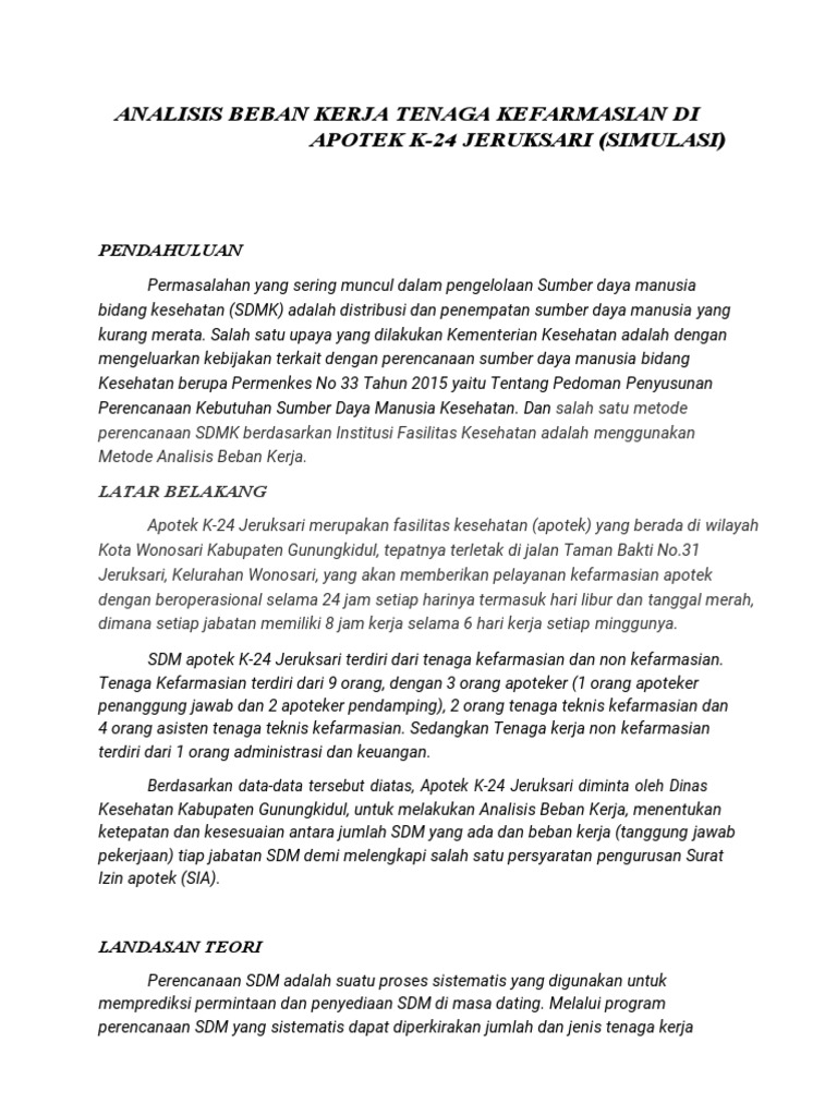 Analisis Beban Kerja Tenaga Kefarmasian Apotek K-24 Jeruksari | PDF