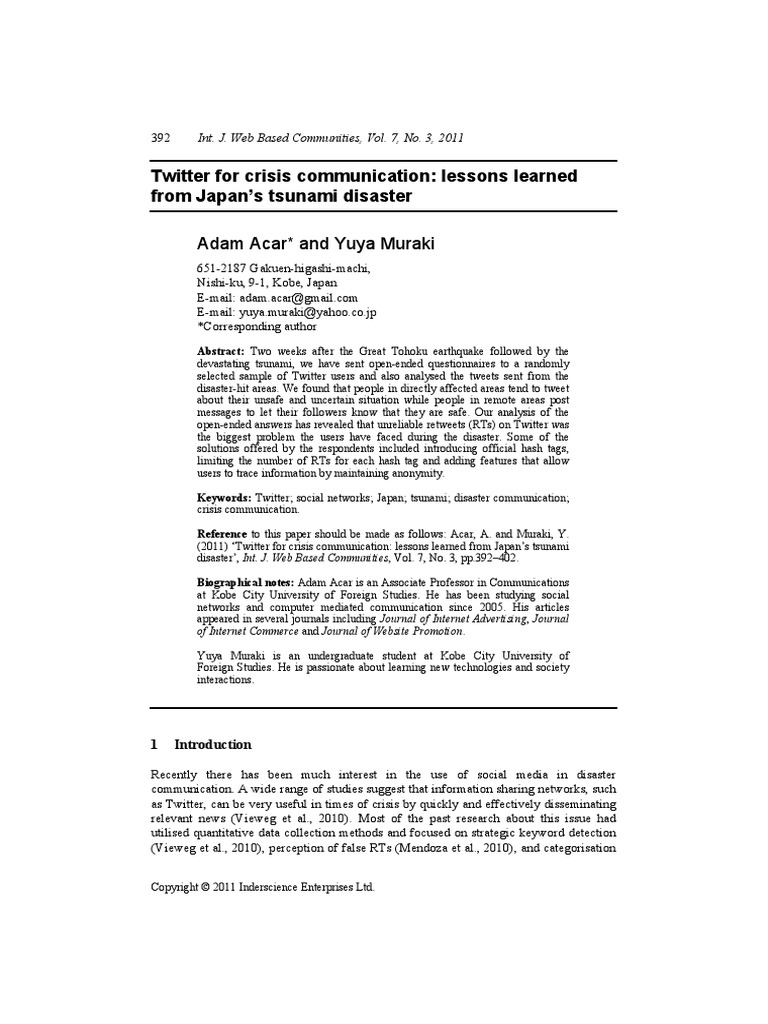 Acar, Muraki - 2011 - Twitter For Crisis Communication Lessons Learned ... Acar, Muraki - 2011 - Twitter For Crisis Communication Lessons Learned ...