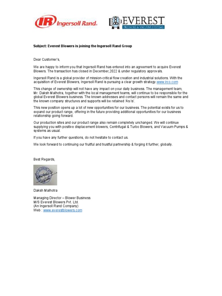 Everest Blowers Customer Letter | PDF