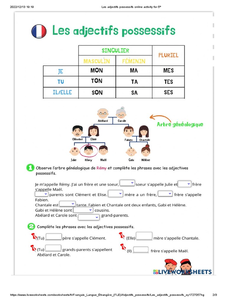 Les Adjectifs Possessifs Online Activity For 5º | PDF