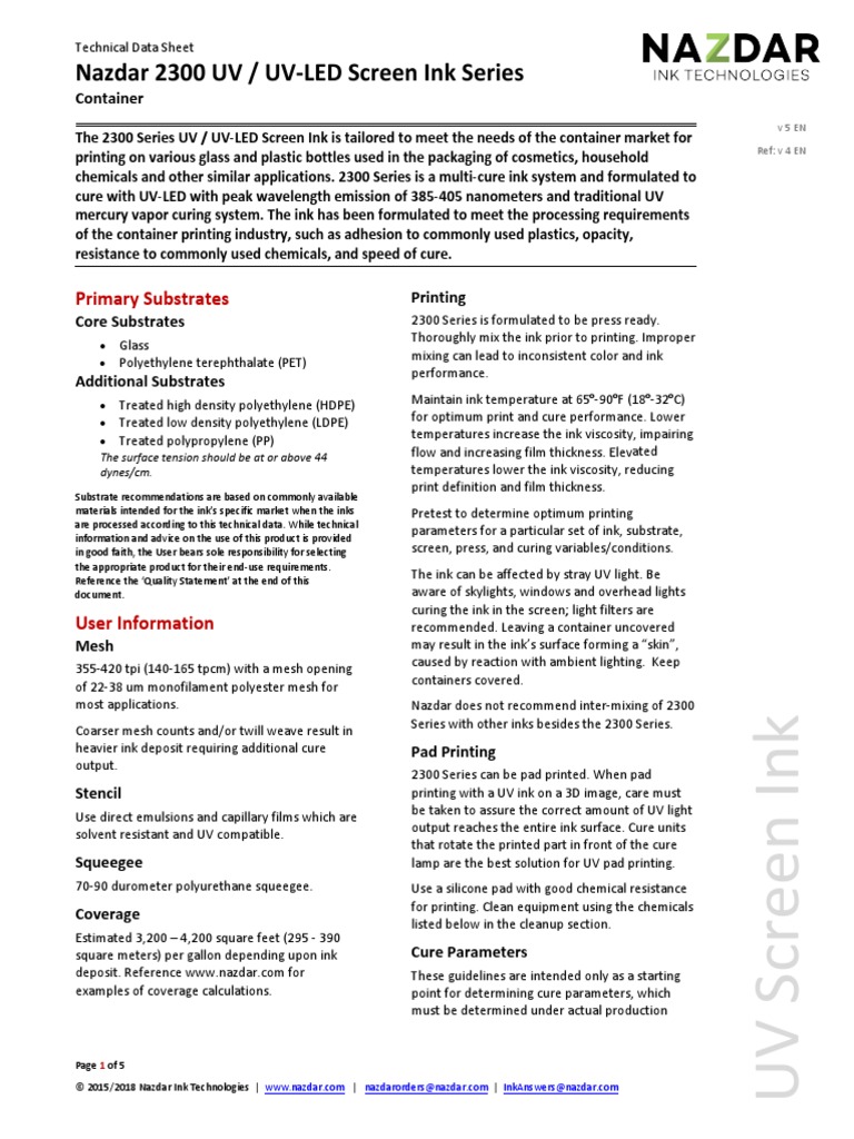 Nazdar 2300 Uv Uv-Led Screen Ink Series | PDF | Ultraviolet | Polyethylene