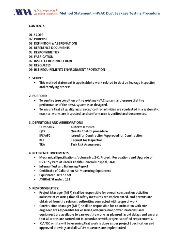 Method Statement - HVAC Duct Leakage Testing Procedure | PDF | Duct ...