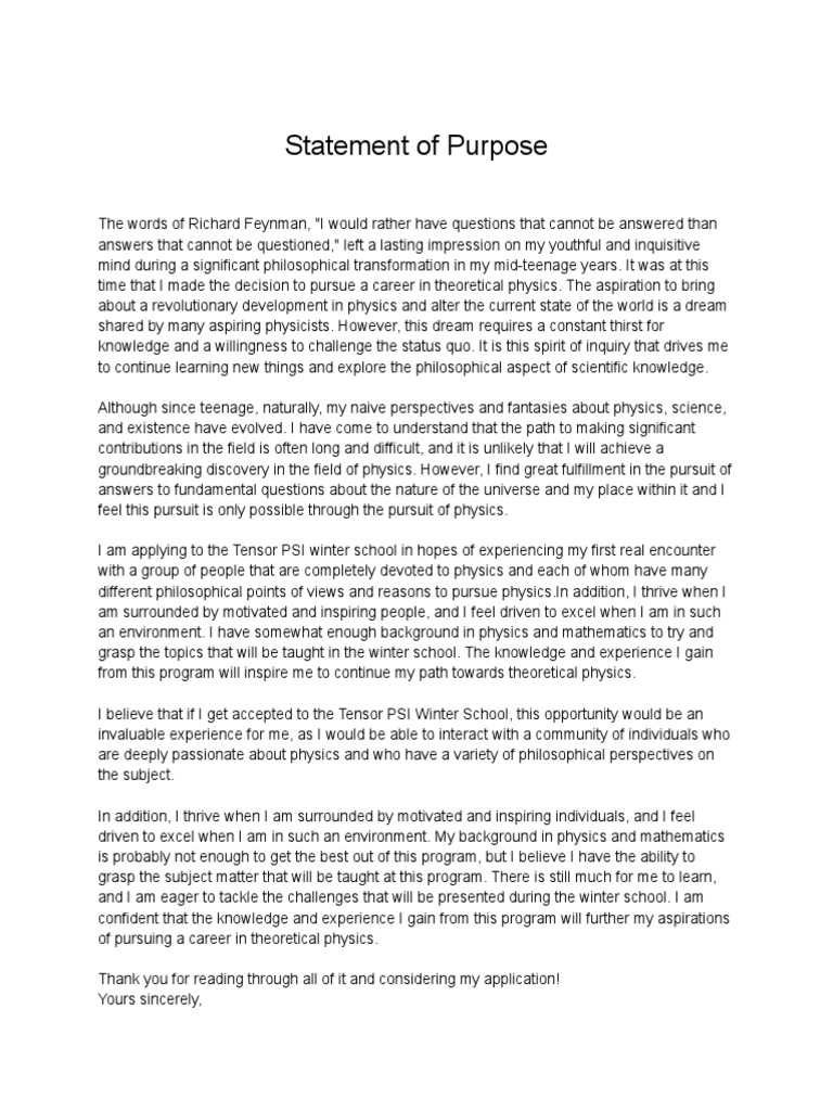 Statement of Purpose - TensorPSI | PDF | Physics | Science