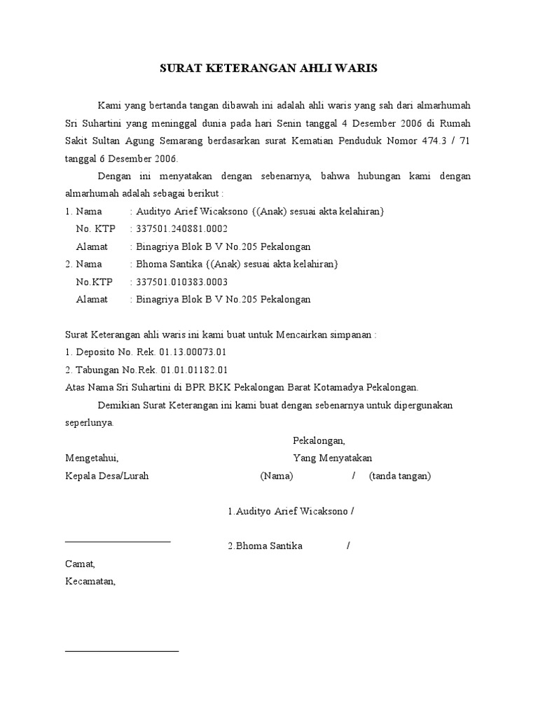 Surat Keterangan Ahli Waris | PDF