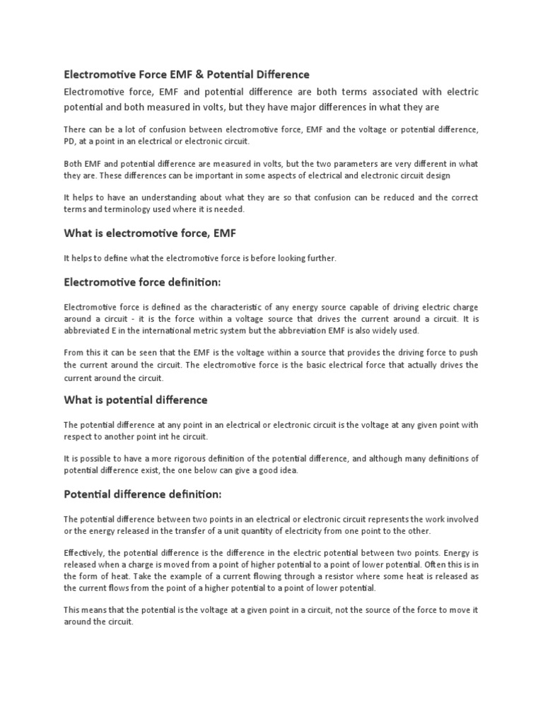 Difference Beteen EMF and Potential Difference | PDF | Voltage | Volt