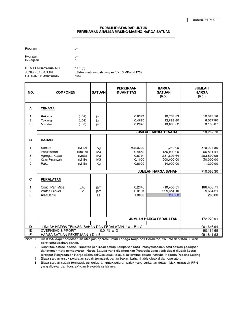 Analisa Beton K 175 | PDF