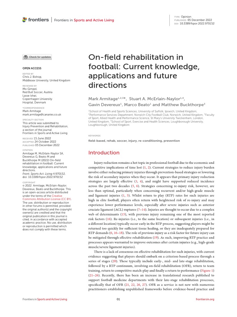 On-Field Rehabilitation in Football: Current Knowledge, Applications ...
