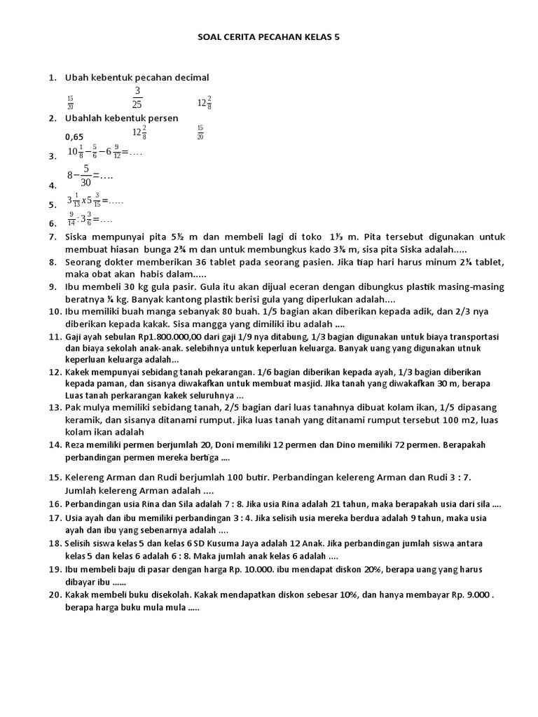 Soal Cerita Pecahan Kelas 5 | PDF