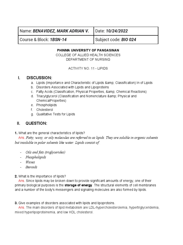 BIO 024 Activity No. 11 Lipids Benavidez | PDF | Lipid | Triglyceride