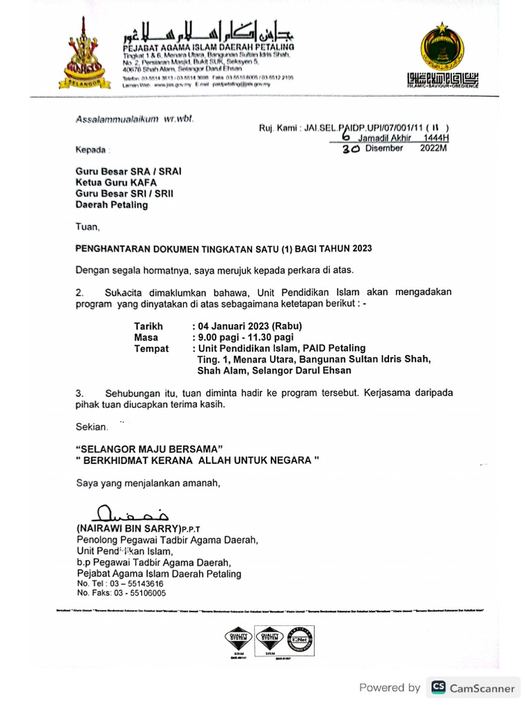 Surat Makluman Penghantaran Borang Ting 1 - JAIS | PDF