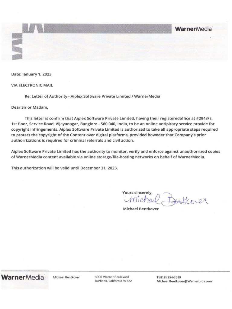 WarnerMedia Aiplex AuthorizationLetter Dec 12 2022 | PDF