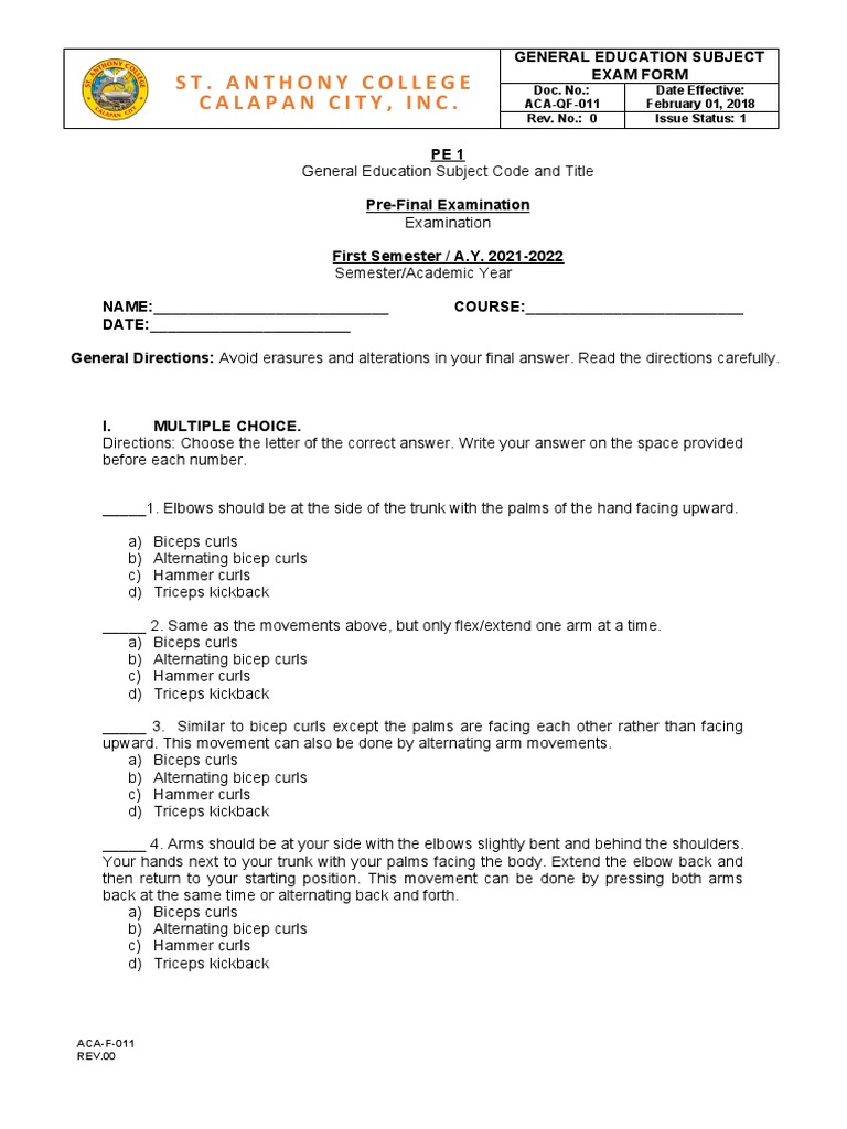 Pre Final-Exam in Pe 1 | PDF | Arm | Limbs (Anatomy)