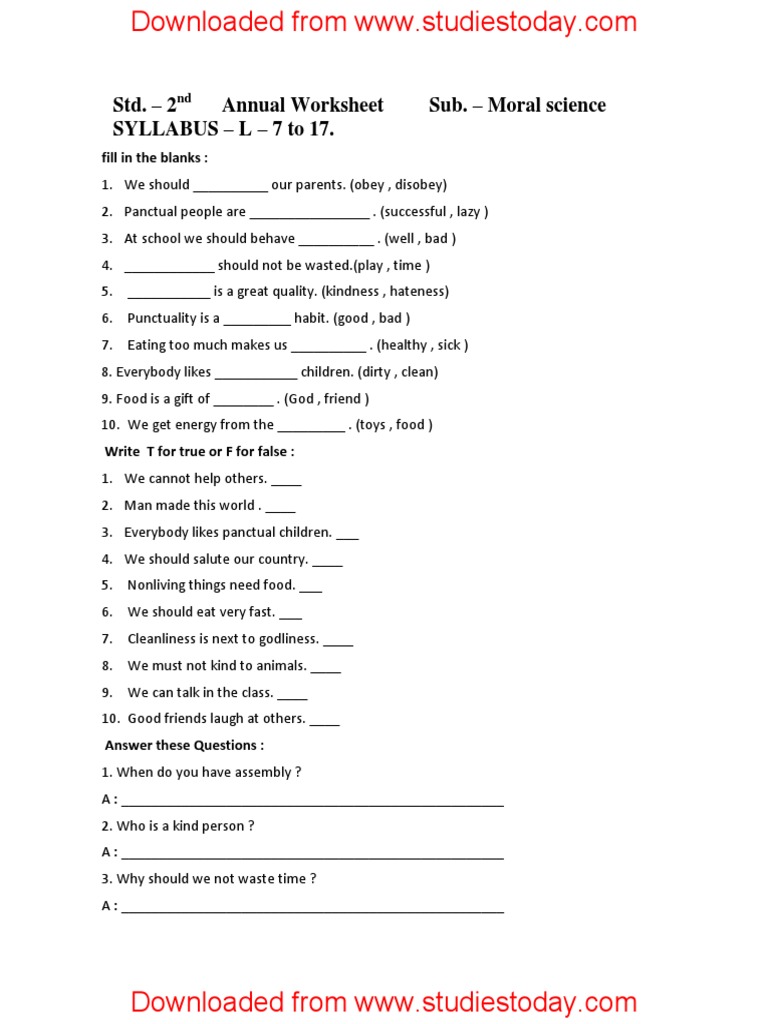 CBSE Class 2 Moral Science Practice Worksheet | PDF