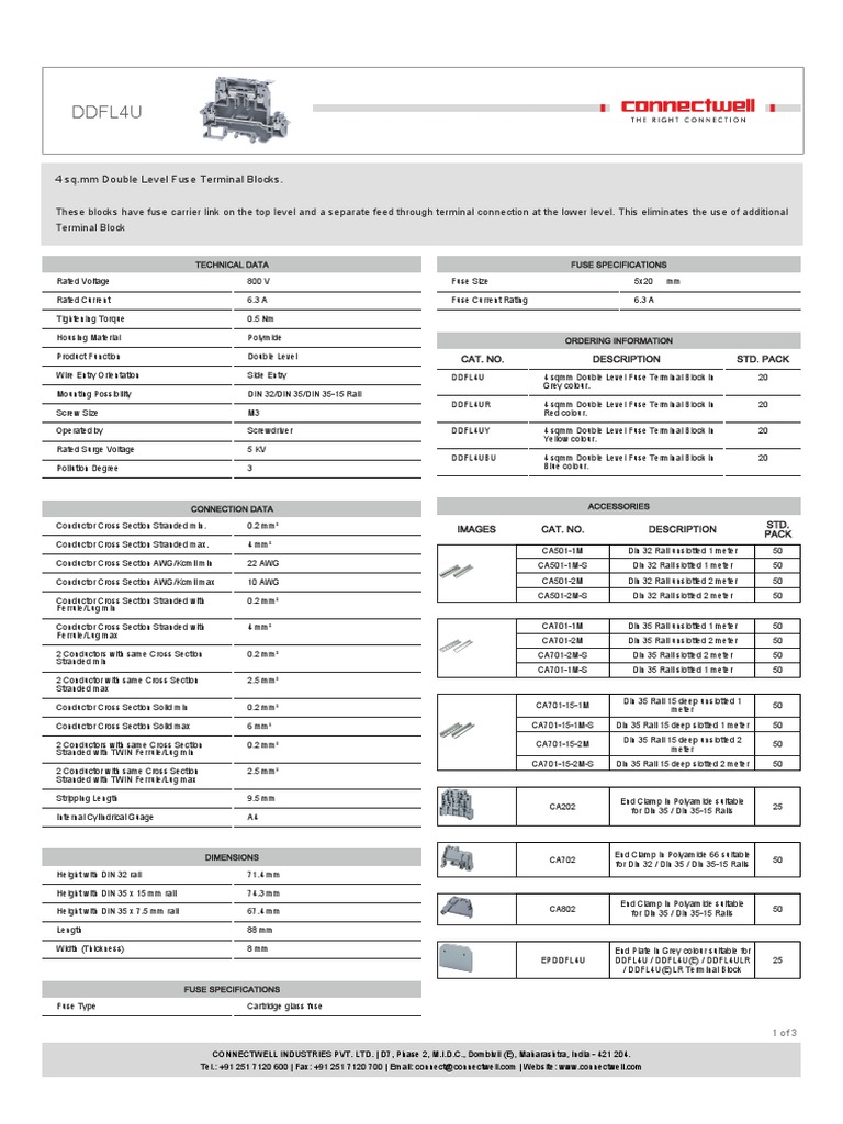 4 sq.mm Double Level Fuse Terminal Block Technical Specifications and ...
