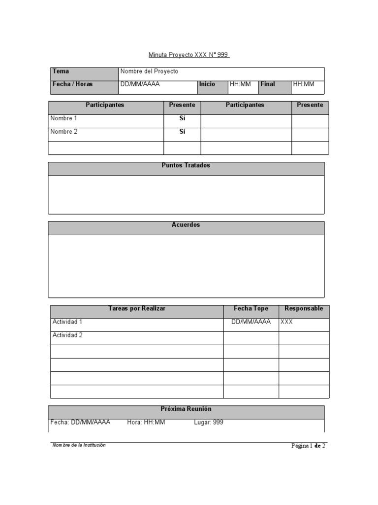 Formato De Minuta , Ejemplo De Formato De Minuta De Trabajo – XSZY