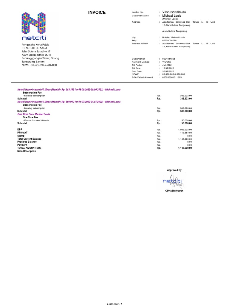 July 2022 Invoice for Michael Louis Detailing Monthly Internet ...