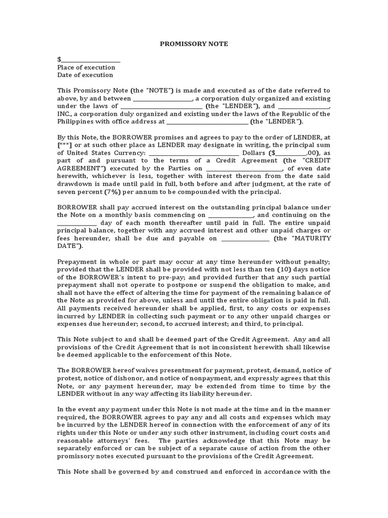 Draft Promissory Note Credit Agreement 10 20 14 | PDF | Interest ...