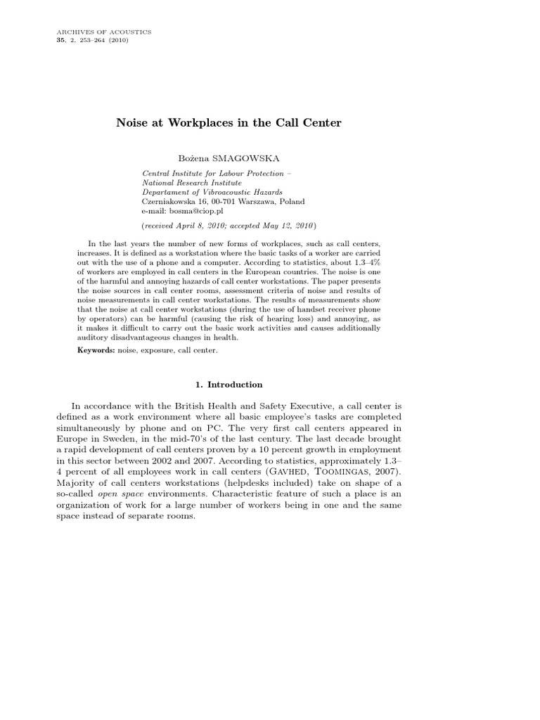 Noise at Workplaces in The Call Center | PDF | Noise | Decibel