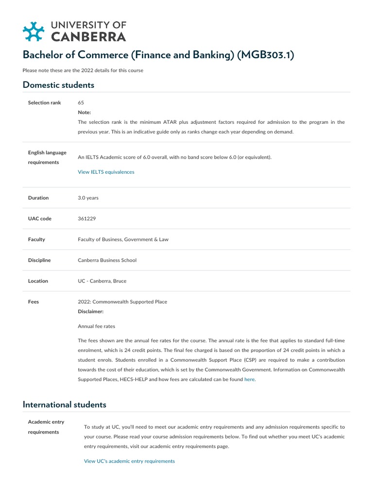 Bachelor of Commerce: Finance & Banking | PDF | University And College Admission | Bachelor's Degree