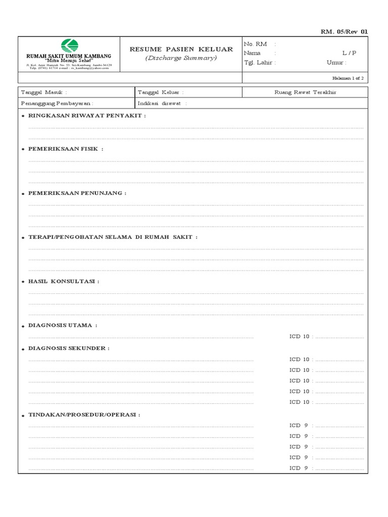 Formulir Resume Medis Pasien Keluar Rawat Inap | PDF