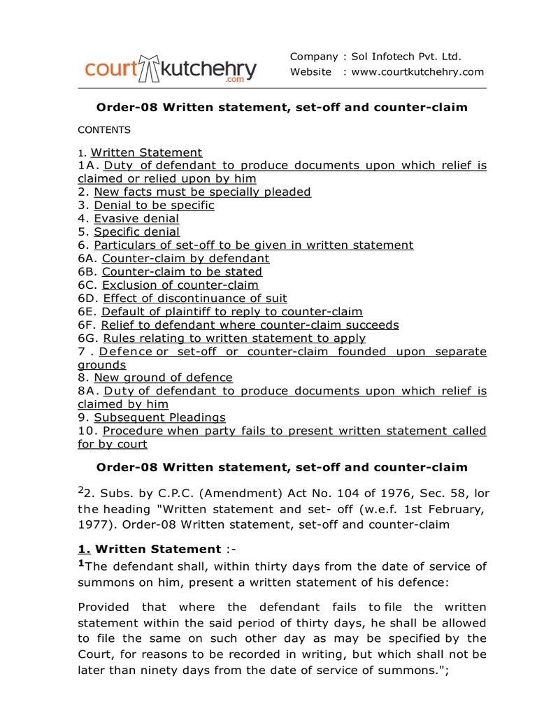 Order-08 Written Statement, Set-Off and Counter-Claim | PDF | Lawsuit | Pleading