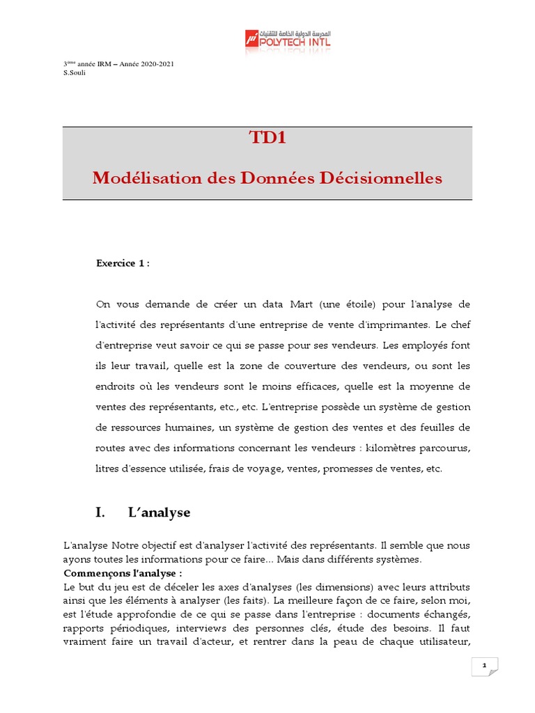 TD1 Modélisation Des Données Décisionnelles: I. L'analyse | PDF | Entrepôt de données | Business