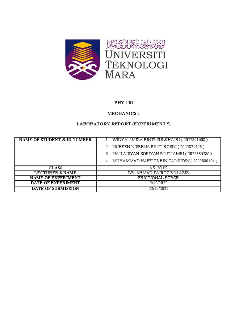 Lab Manual Phy110 - Oct Feb23 | PDF | Friction | Force