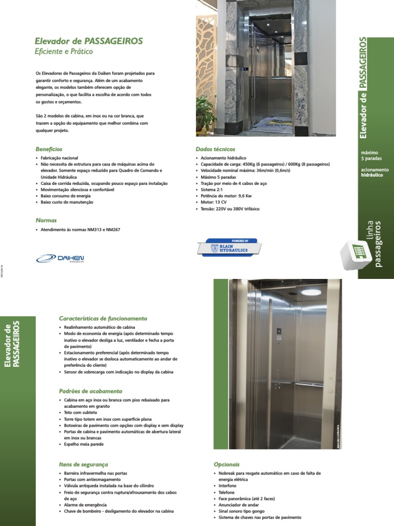 Lamina Tecnica Daiken Elevadores ELEVADOR PASSAGEIROS | Download grátis PDF | Motores