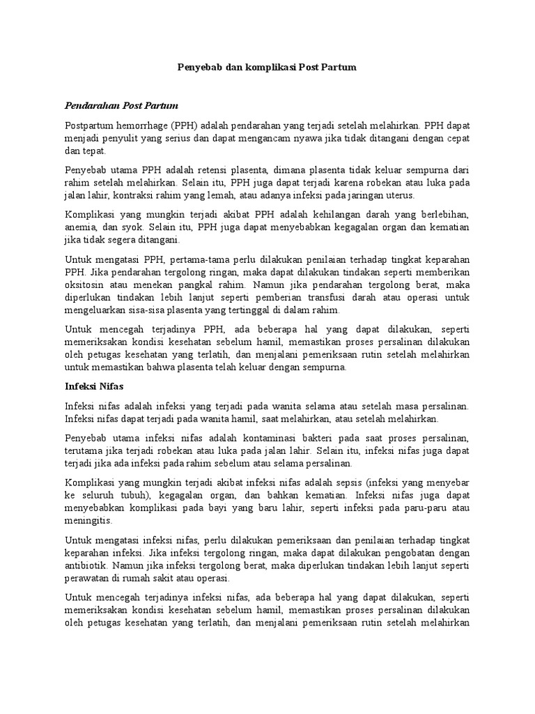 Penyebab Dan Komplikasi Post Partum | PDF