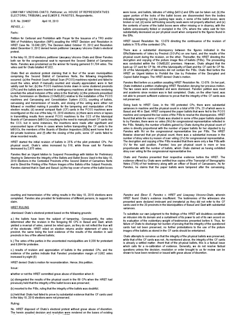 Vinzons-Chato v. HRET Digest | PDF | Justice | Crime & Violence