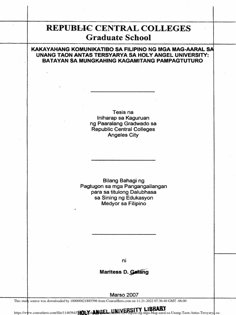 Kakayahang Komunikatibo Sa Filipino NG Mga Mag Aaral Sa Unang Taon Antas Tersyarya Sa Holy Angel ...