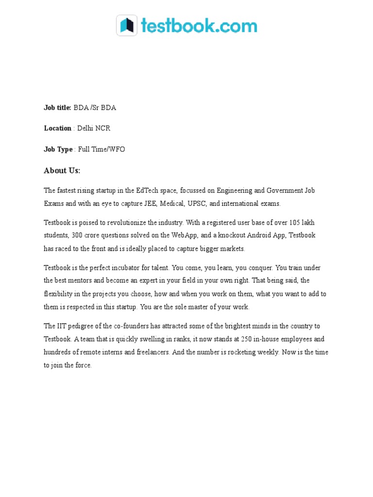 Job Discription - BDA-Sr BDA | PDF