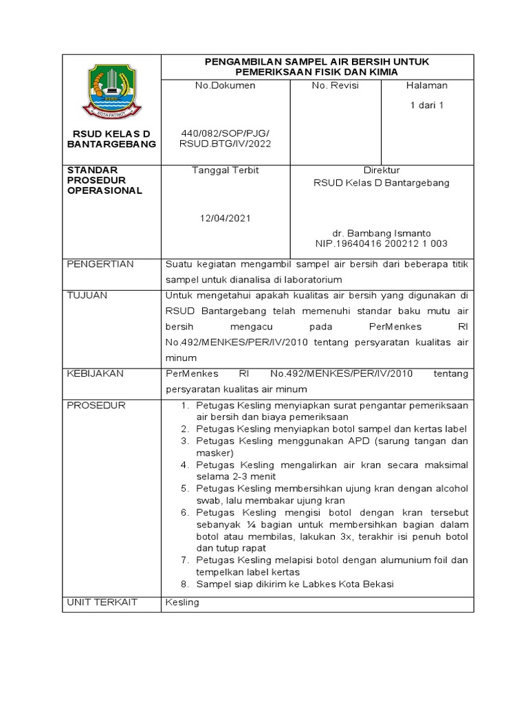 Sop Pengambilan Sampel Air Bersih Pemeriksaan Fisik Dan Kimia | PDF