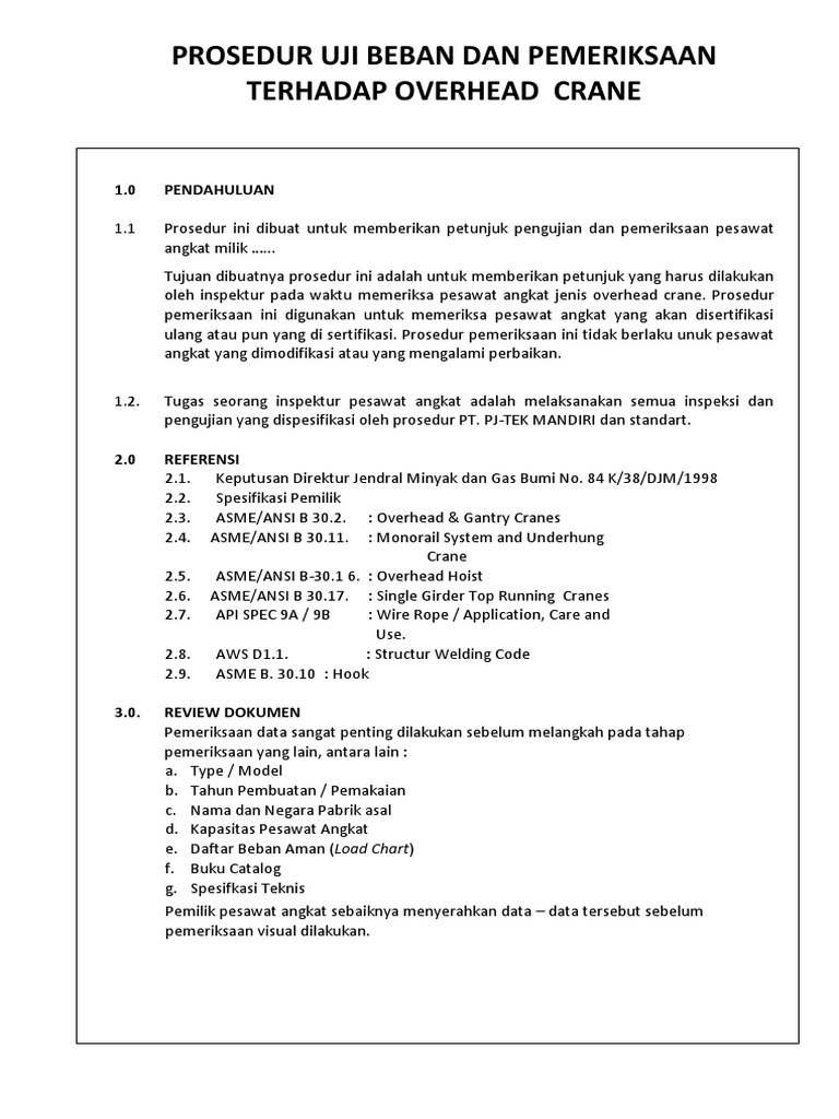 Prosedur Uji Dan Pemeriksaan Overhead Crane | PDF