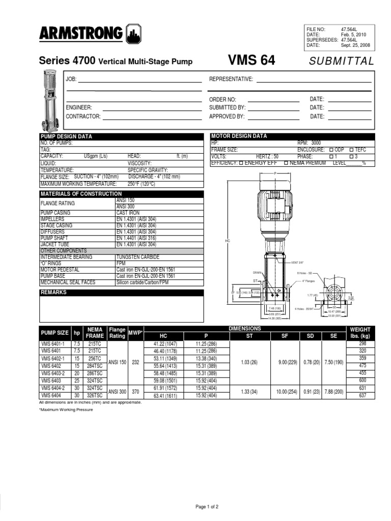 47 564L - VMS64 - Submittal | PDF | Pump | Applied And ...