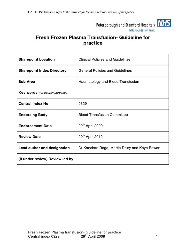 Fresh Frozen Plasma Transfusion - Guildelines For Practice | PDF ...