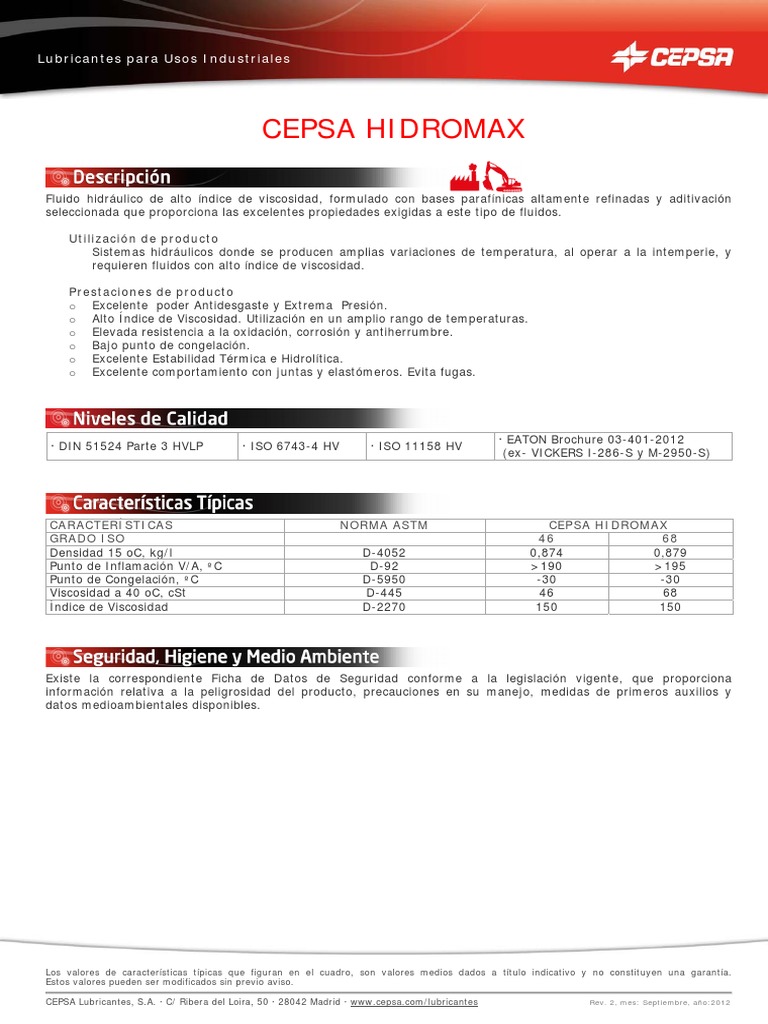 Cepsa Hidraulico Hidromax | PDF | Viscosidad | Lubricante