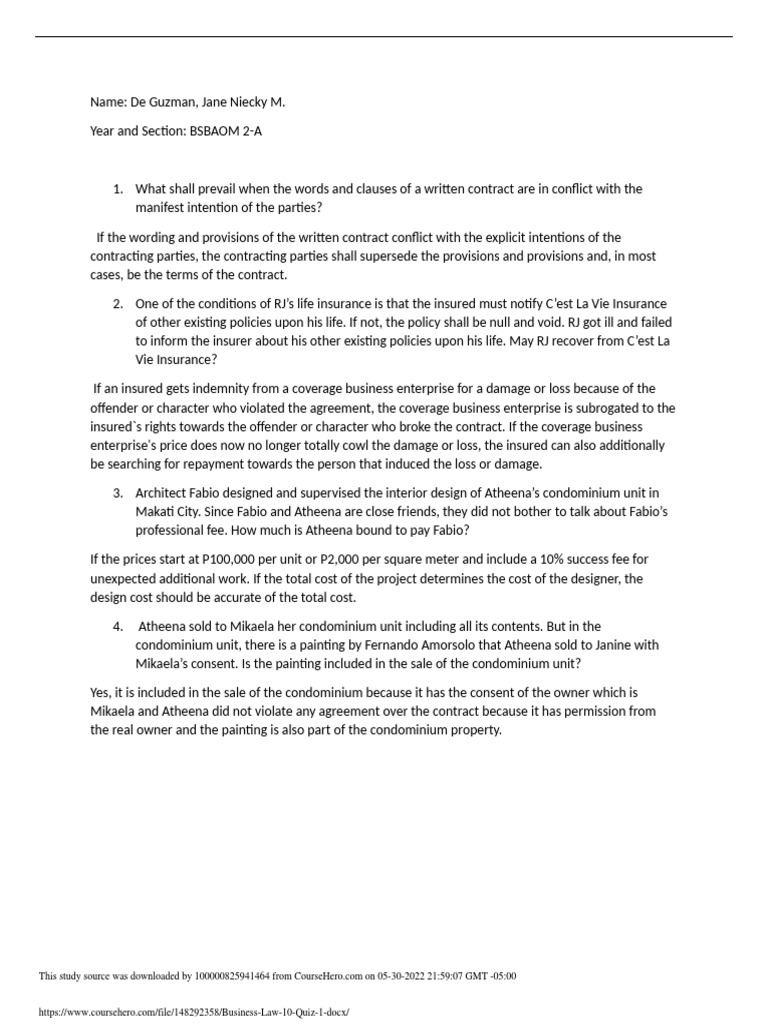 Business Law 10 Quiz 1 | PDF | Insurance | Consent