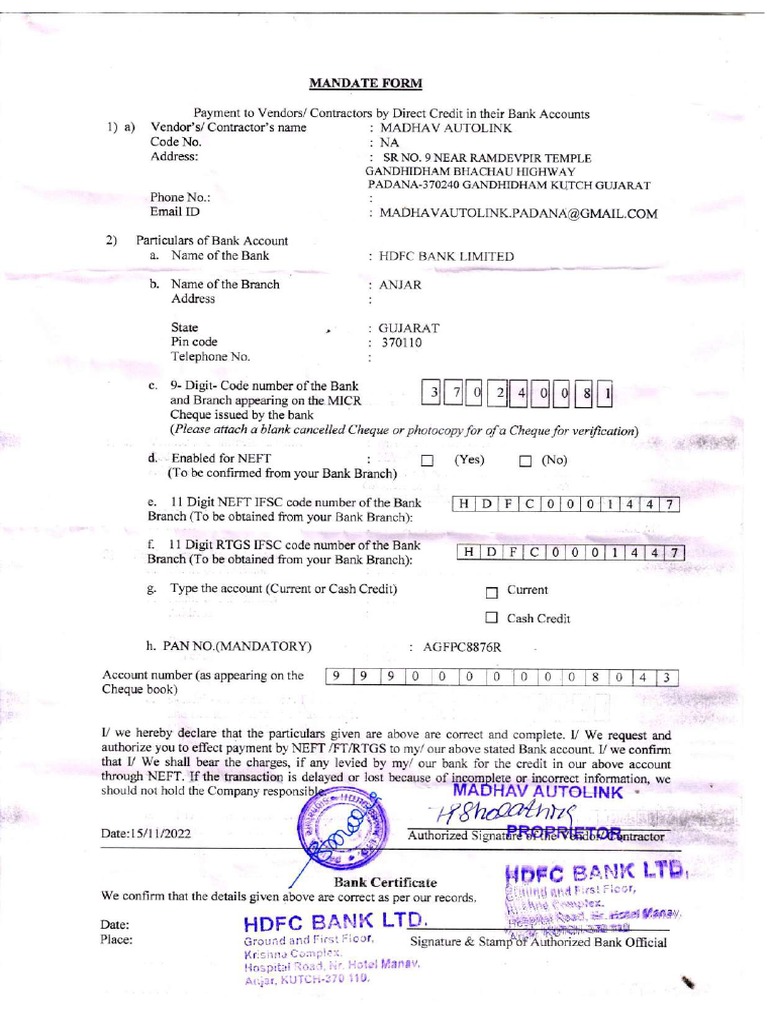 Bank Mandate Form For Madhav Autolink | PDF