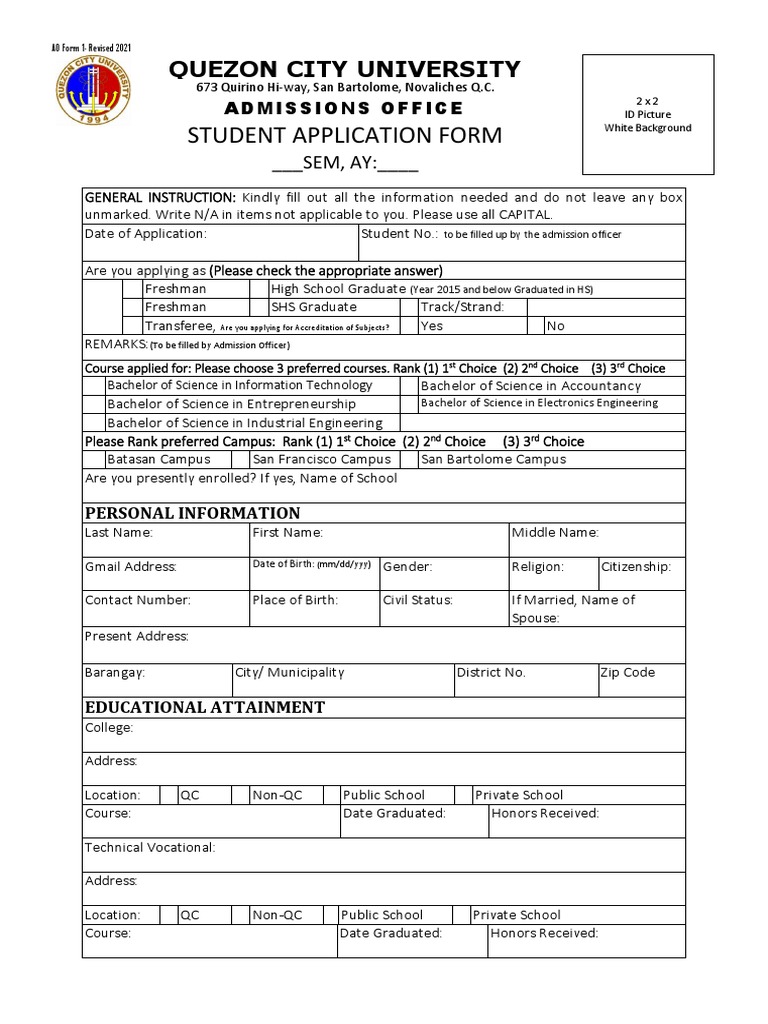 Quezon City University Application Form | PDF